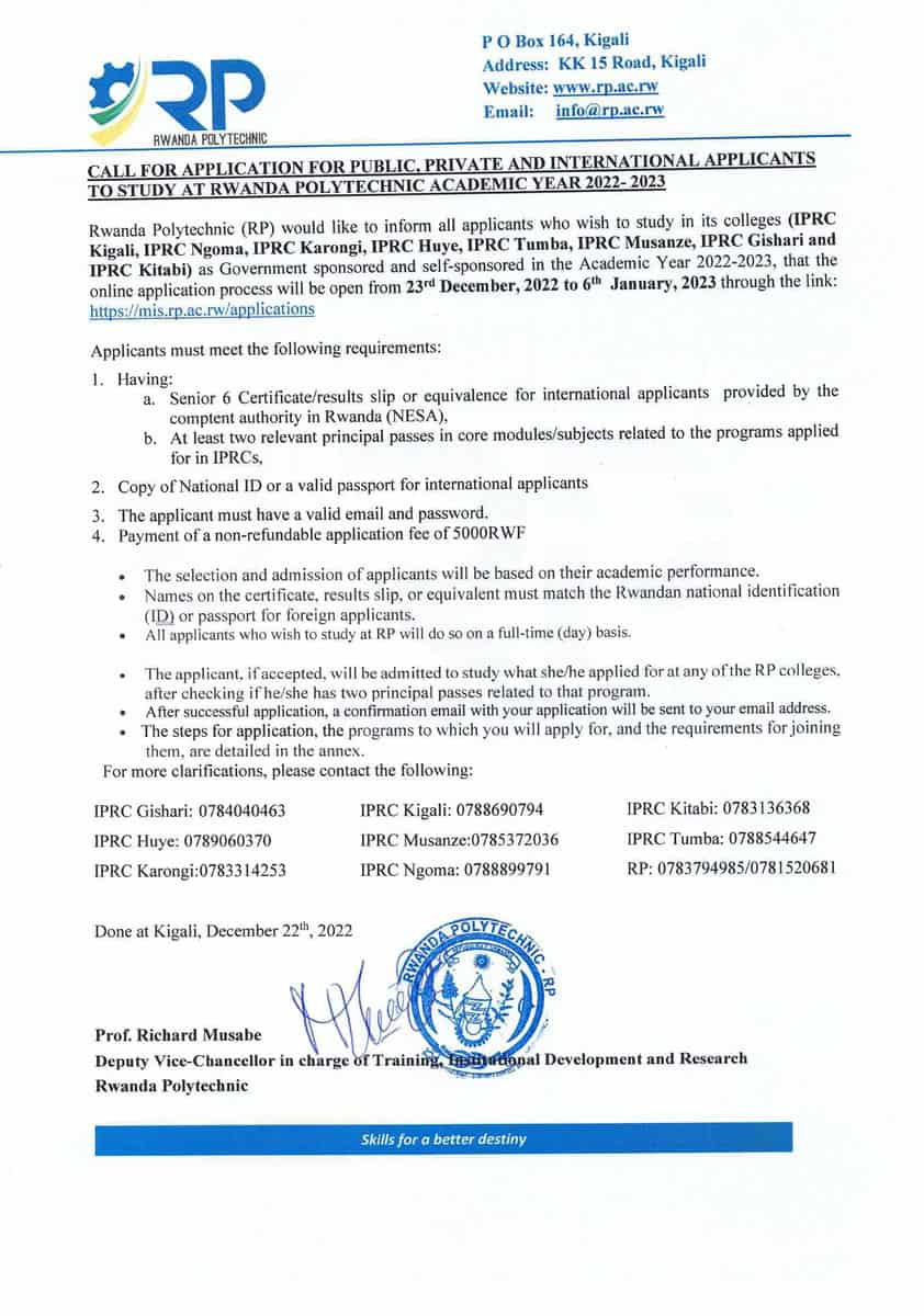 IPRC: CALL FOR APPLICATION TO STUDY AT RWANDA POLYTECHNIC ACADEMIC YEAR ...
